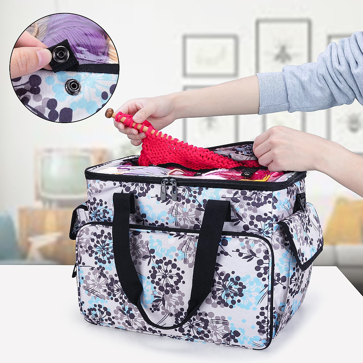 CURMIO Knitting Bag, Yarn Storage Tote with Compartments for Knitting Needles, Crochet Hooks, Knitting Project and Accessories, Bag Only, Dandelion