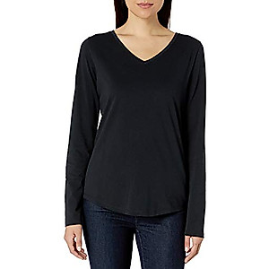Amazon Essentials Women's Classic-Fit 100% Cotton Long-Sleeve V-Neck T-Shirt, Black, Large