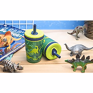 Zak Designs Dino Camo Kelso Tumbler 3pc Set, Leak-Proof Screw-On Lid with Straw, Bundle for Kids Includes Plastic and Stainless Steel Cups with Additional Sipper, 15 fluid ounces
