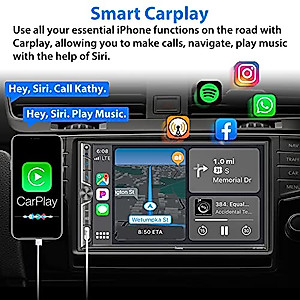 Double Din Car Stereo with Voice Control CarPlay, Bluetooth, Mirror Link, 7 Inch Full HD Capacitive Touchscreen, Backup Camera, Subw, Steering Wheel Control, USB/TF, FM/AM Car Radio Receiver