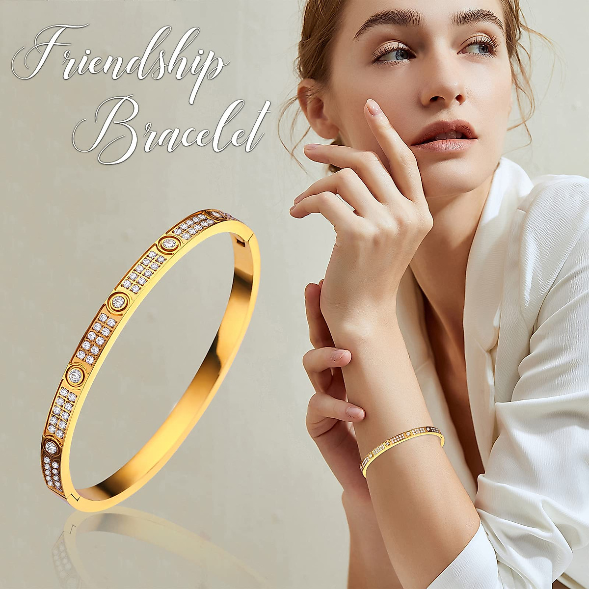 Love Friendship Bracelets Bangle Gold Silver with Cubic Zirconia Stainless Steel Jewelry Oval Bracelet Birthday for Her Women Teen Girls with Gifts Box (Gold, Stainless Steel)