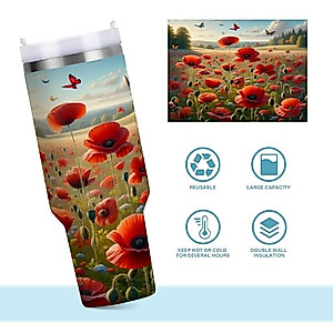 RPLIFE Poppy Flowers 40oz Tumbler with Handle, Stainless Steel Water Bottle with Straw, Tumblers for Women