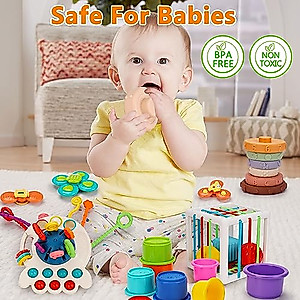 5 in 1 Baby Montessori Toys, Sensory Bin Pull String Teething Toy 0-6 to 12 Month Suction Cup Spinner Infant Travel Bath Toy 6 7 8 18 M+ Soft Stacking Cups Rings Learning Activity Toddler 0-2 Gift Set