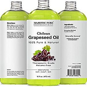 Majestic Pure Grapeseed Oil, Pure & Natural Massage and Carrier Oil, Skin Care for Sensitive Skin, Light Silky Moisturizer for All Skin Types - 16 fl. oz.