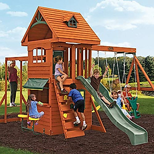 KidKraft Ridgeview Deluxe Clubhouse Wooden Swing Set / Playset with Café Table and Stools, Monkey Bars, Swing and Rock Wall, Gift for Ages 3-10