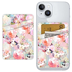 Leather Phone Card Holder Phone Wallet, Stick Back Phone Wallet Sticker Stylish Phone Case Credit Card Holder, Suitable for iPhone, Samsung, Android and Most Smart Phones.Pink Flowers