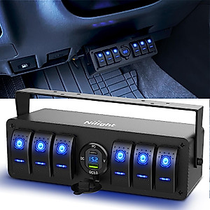 Nilight 6 Gang Rocker Switch Box 12V SPST ON Off Switch PD Type C and USB Charger Voltmeter Waterproof Aluminum Rocker Switch Panel Night Glow Stickers for Boats Cars RVs Trucks, 2 Years Warranty