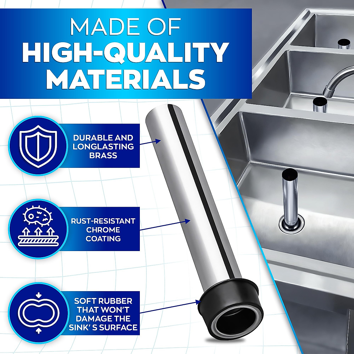 3Pcs Stainless Steel Sink Overflow Pipe - 7.48" 3 Compartment Sink Stopper Pipe Overflow for 1.75" Drains Bar Sink Stoppers with Overflow Pipe - Sink Stopper Pipe Kitchen Sink Drain Stopper Drain Pipe