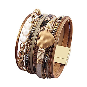 AZORA Leather Cuff Bracelet Multi Strands Beige Wrap Bangle with Pearl Boho Jewelry for Women Christmas Gift