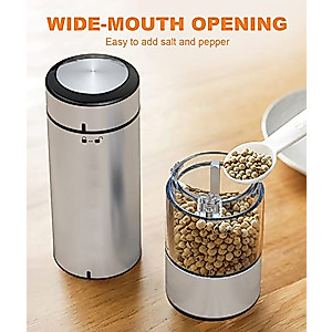 OUWMAN Electric Salt and Pepper Grinder Set, [2 Pack] Automatic Salt and Pepper Grinder Set Battery Powered with LED Light, Adjustable Coarseness Pepper Mill, One Hand Operation, Stainless Steel