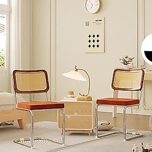 MeetLeisure Rattan Dining Chair Set of 2, Mid-Century Modern Chairs with Metal Chrome Legs, Armless Cane Back Chairs with Upholstered Cushion for Home Kitchen Dining Room, Walnut Brown/Orange