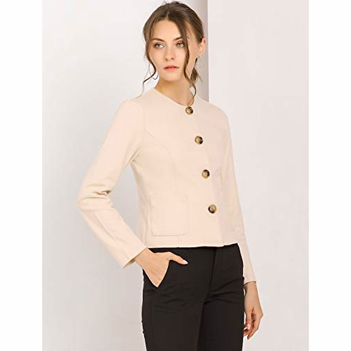 Allegra K Women's Fall Casual Jacket Elegant Button Front Work Office Blazer X-Small Beige