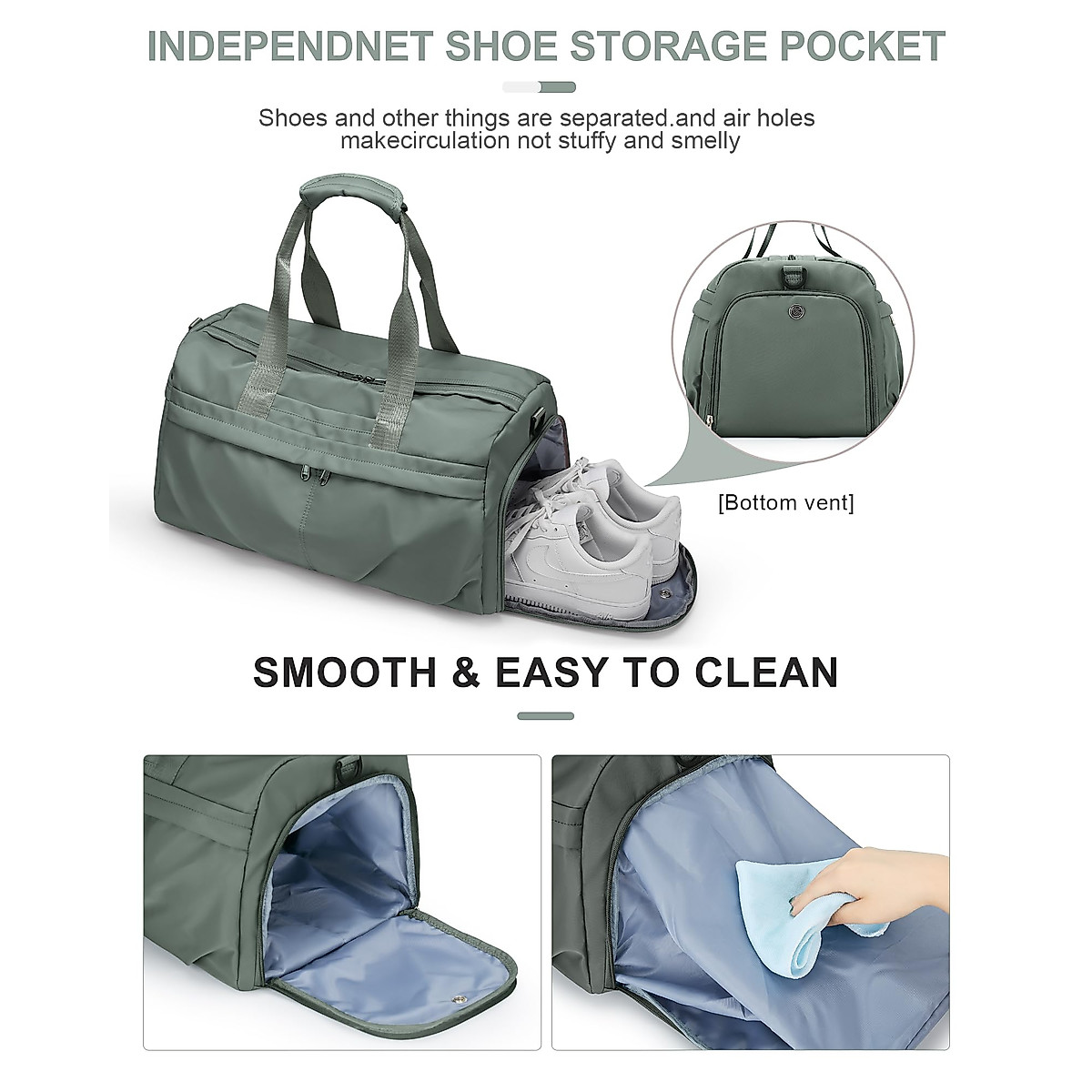 Gym Bag for Women Men with Shoe Compartment, Sport Duffel Bag, Waterproof Travel Weekender Overnight Carry on Bag for Yoga with Trolley Sleeve, Green