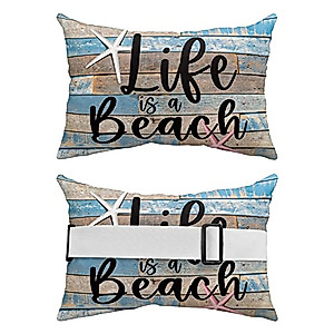 Recliner Head Pillow Ledge Loungers Chair Pillows with Insert Wooden Board Quotes - Life is Better at The Beach Lumbar Pillow with Adjustable Strap Patio Garden Cushion for Sofa Bench Couch, 2 PCS