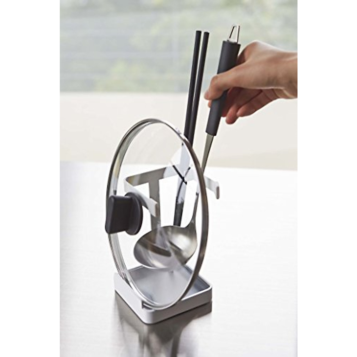 Yamazaki Home Ladle Holder-Lid Stand For Utensils In Kitchen,, Steel, Water Resistant, No Assembly Req., White