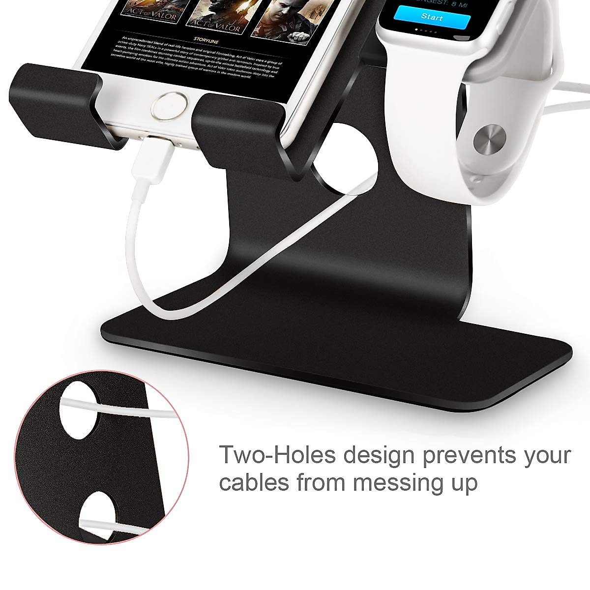 Tranesca 2 in 1 Charging Stand Holder Dock Compatible for Apple Watch Series Ultra2/Ultra/9/8/7/6/5/4/3/2/1/SE (38mm/40mm/41mm/42mm/44mm/45mm/49mm) and Cell Phone/Tablet - Black