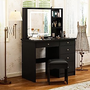Hitow Vanity Desk Set with Sliding Lighted Mirror, Makeup Vanity with Drawer & Shelf, Dressing Table with Cushion Stool & Hidden Storage for Bedroom, Black