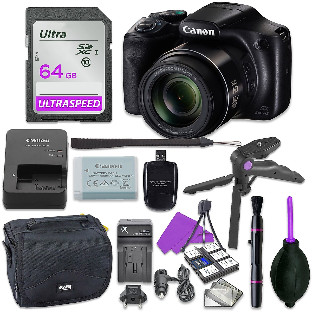 Canon Powershot SX540 Point & Shoot Digital Camera Bundle w/Tripod Hand Grip, 64GB SD Memory, Case and More
