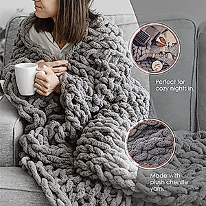 Houseables Chunky Knit Blanket, Crochet Throw, Big Yarn Blankets, 50x60 Inch, Grey, Soft, Large, Chenille, Thick Hand Knitted Cable Throws, Braided, Knotted, Woven, Handmade Knot for Couch, Bed