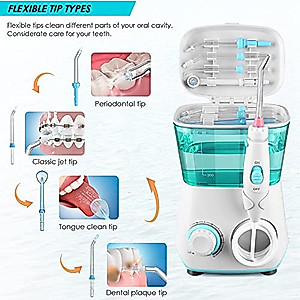 Dental Water Flosser, Oral Irrigator, 10 Adjustable Pressure Teeth Cleaner, 8 Interchangeable Jet Tips, 600 ML Capacity for Tooth Cleaning, Waterproof Leakproof Family(White) 9 Piece Set