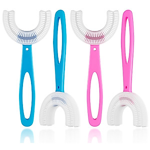 PUREVACY Kids U Shaped Toothbrush for 2-8 Years Old, 4 Pack Blue Food-Grade Silicon All Around U Shape Toothbrush, Funny Full Mouth Toothbrush for Kids with Soft Bristles and Ergonomic Handle