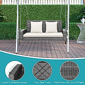 RELAX4LIFE 2-Person Porch Swing Bench - PE Rattan Outdoor Swing Chair with Comfortable Seat & Back Cushions, Rustproof Metal Chains, Patio Loveseat Swing for Balcony, Garden, Yard, 800 LBS (Off White)
