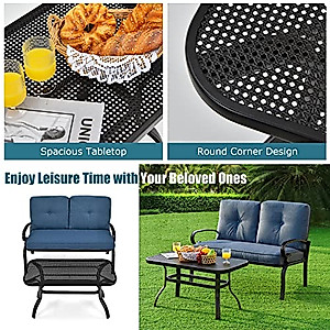 Tangkula Patio Loveseat with Table Set, 2 Seat Cushioned Sofa with Coffee Table, Patio Conversation Sofa Set with Rustproof Frame, 2 Pieces Outdoor Furniture Set for Garden, Poolside, Balcony (Blue)