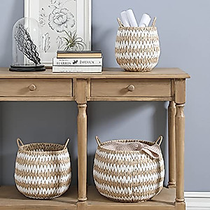 Motifeur Water Hyacinth and Paper Handwoven Basket (Assorted Set of 3, Beige and White)