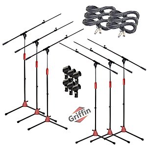 GRIFFIN Microphone Boom Stand (Pack of 6) with XLR Cables & Mic Clip | Telescopic Arm Tripod Legs for Studio Recording Accessories, Singing Vocal Karaoke, DJ Live | 20ft Pro Audio Mic Cord 24 AWG Wire