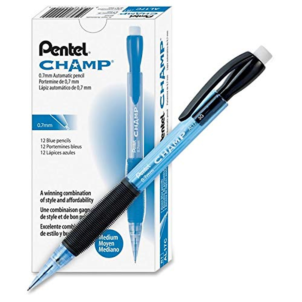 Pentel Champ Mechanical Pencil, 0.7mm, Blue Barrel, 12-Count (AL17C)