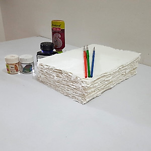 E-Tailor Handmade Cotton Deckle Edge Paper Loose Leaf Sheets for Sketch Painting Invitatons Art Work Kids 130 GSM Ivory White (HPDW-102-3x5-50-Sheets)