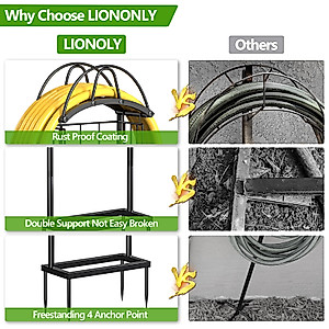 LIONONLY Garden Hose Holder, Freestanding Heavy Duty 4 Spikes Water Hose Holder with Storage Basket, 100-Feet Hose Hanger, Detachable Garden Hose Storage Hose Stand for Outside Yard, Black
