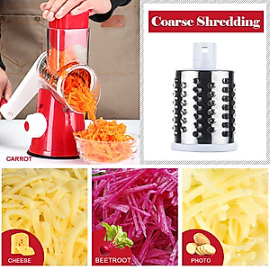 Ourokhome Rotary Cheese Grater Hand Crank, Kitchen Shredder Speed Mandolin Slicer Nut Grinder with Handle and Drum Blades for Cheese, Vegetable, Walnut, Chocolate, Potato, Carrot, 3 Blades, Red
