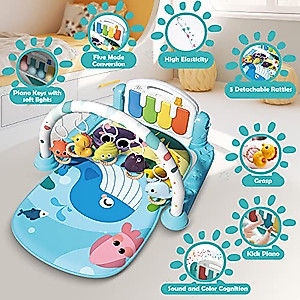 Nutsball Baby Gym Play Mat, Kick and Play Piano Gym Mat with Music and Lights, Tummy Time Musical Activity Center for Infants Toddlers (Ocean World Blue)