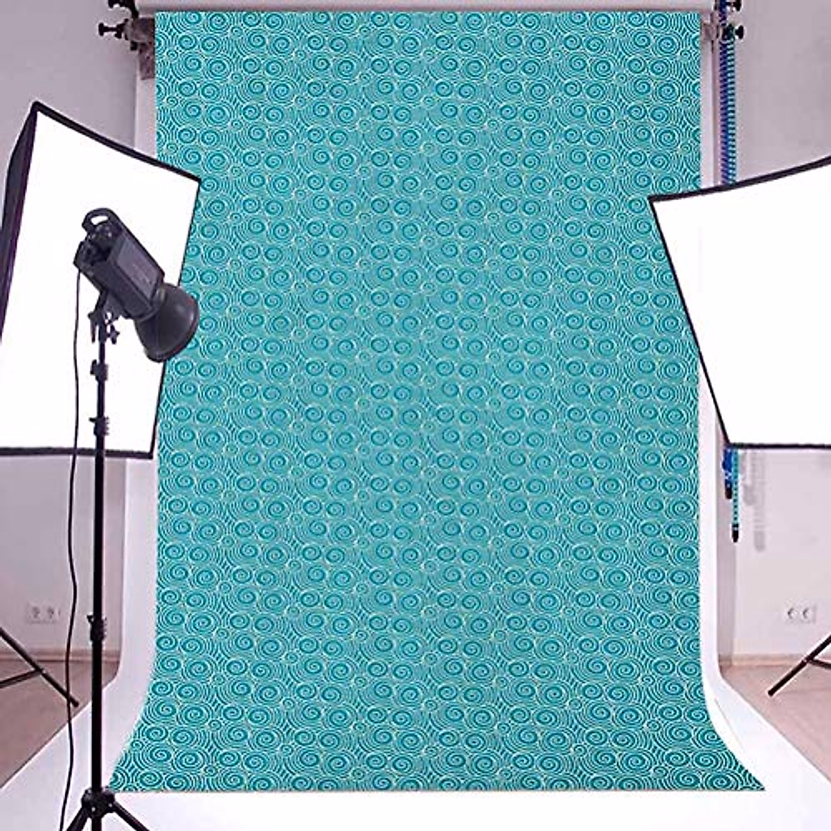 7x10 FT Ivory and Blue Vinyl Photography Backdrop,Oriental Doodle Style Spirals Pattern Ancient Middle Motifs Background for Baby Shower Bridal Wedding Studio Photography Pictures