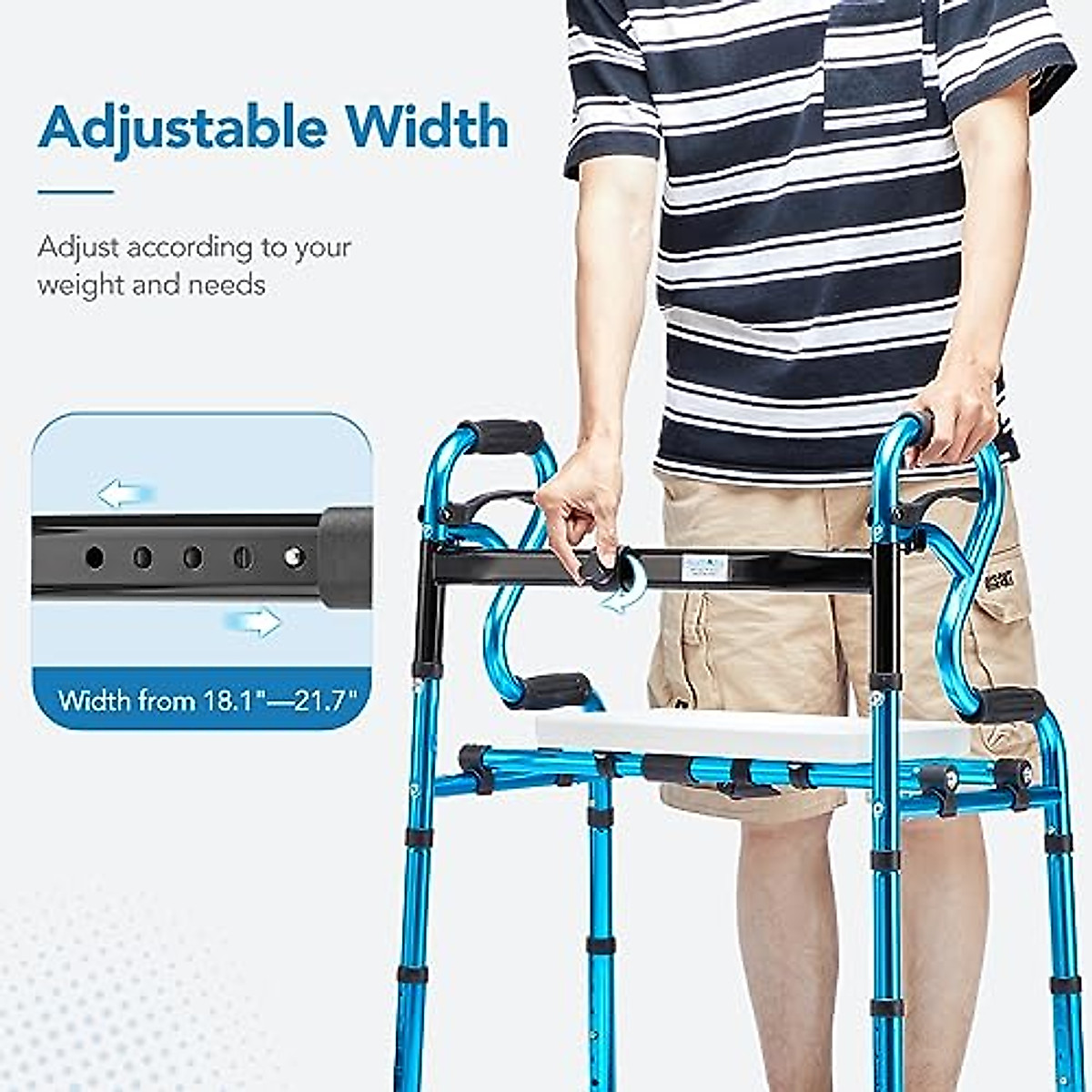 4 in 1 Folding Walker with Detachable Seat by Health Line Massage Products, Width Adjustable Folding Walkers with 5” Wheels and Extra 2 Skis, Compact Adults Walker for Seniors Support Up to 350lbs