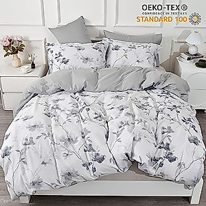 PHF 100% Cotton Printed Duvet Cover Queen Size, 3 Pieces Soft Breathable Duvet Cover Set for All Season, Stylish Floral Pattern Smooth Comforter Cover with 2 Pillow Shams, 90" x 90", White Grey-Floral