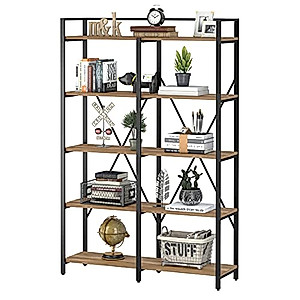 BON AUGURE Bookshelf, Industrial Large Etagere Bookcase for Living Room and Bedroom, Farmhouse 5 Tier Book Shelves for Office, Rustic Wood Metal Shelving Unit (Vintage Oak, 43.31 inch Wide)