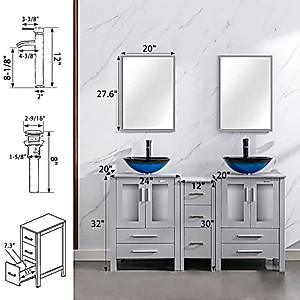 eclife 60” Bathroom Vanity Sink Combo Grey W/Side Cabinet Set Ocean Blue Square Tempered Glass Vessel Sink & ORB Water Save Faucet & Solid Brass Pop Up Drain, W/Mirrors (A04 B02G)
