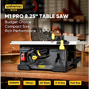 Upstreman Work M1 Pro Portable Table Saw, 13Amp Compact Tablesaw 5700RPM, 8.25" Table Saw w/24T Blade, Dust Collector, Onboard Carrying Handle Easy to Carry, Adjustable Cut Depth and Angle, for DIY