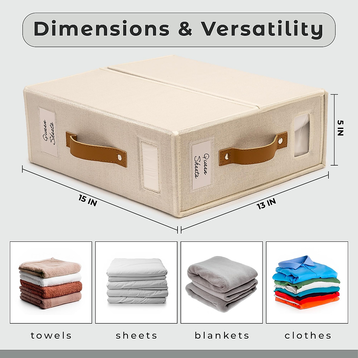 HappyHedz Sheet Organizers and Storage Bags for Bed Sheets, Linen, Blankets, Bedding - Under Bed or Closet Storage Boxes with Dual Handles and Organization Labels - (Beige, 2-pack)