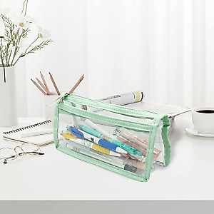 Funny live Transparent PVC Pencil Case Pen Bag Organizer Cosmetic Makeup Bag, Clear Double Compartments Case Bag for Travel | Makeup Brush | Stationerys | Small Crafts, PENS NOT INCLUDED （Mint Green）