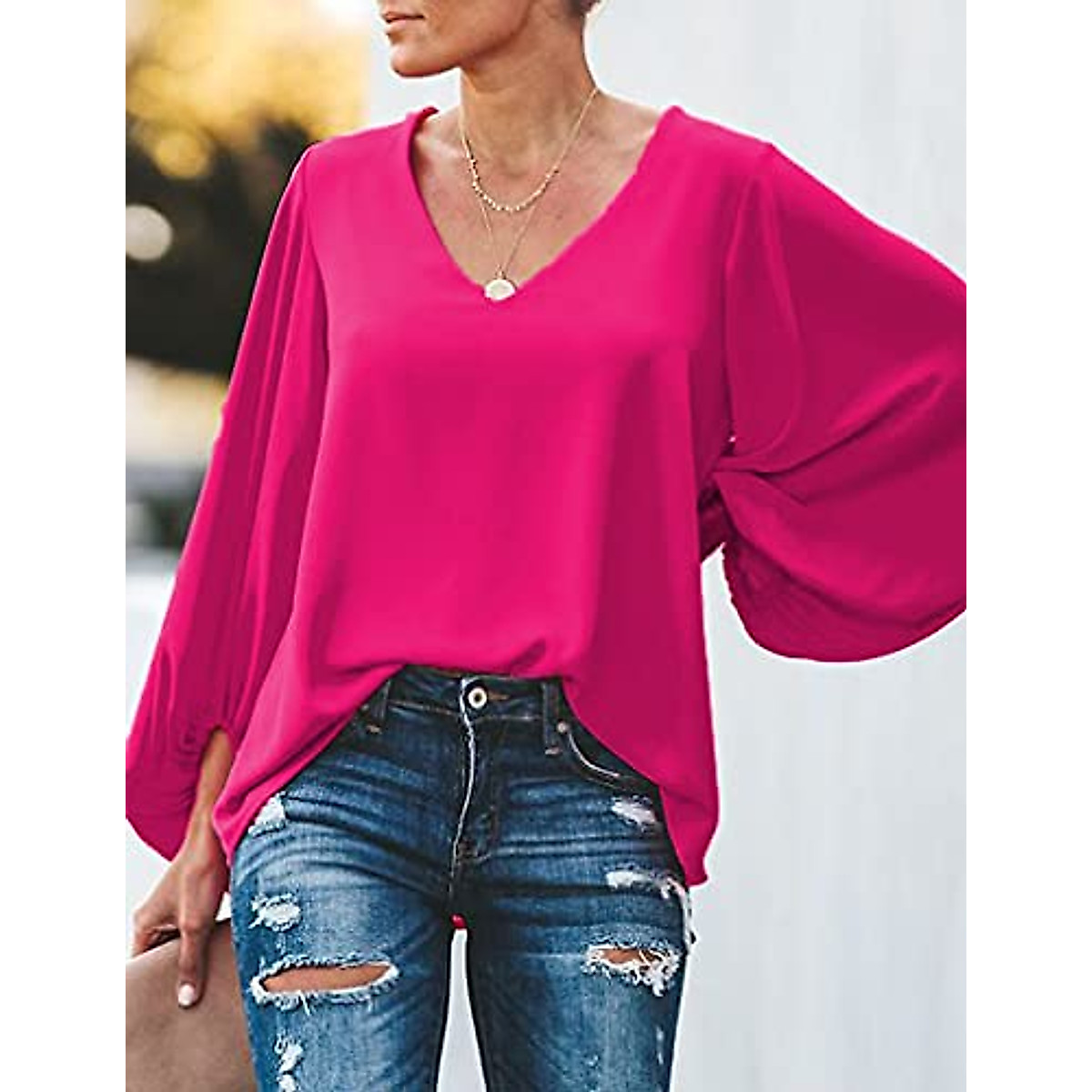 Women's V Neck Bishop Sleeve Work Blouse Top Barbie Shirts for Women Rose Red L