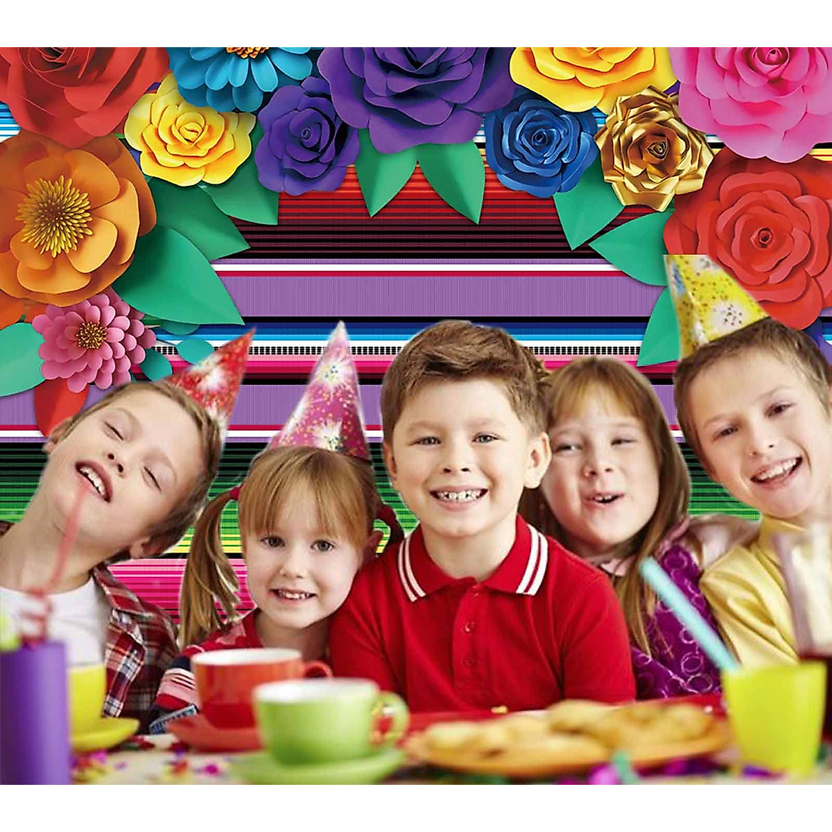 Mexican Fiesta Theme Party Striped Cinco De Mayo Paper Flowers Background Decoration Photobooth Props Cake Table Banner 82x60in