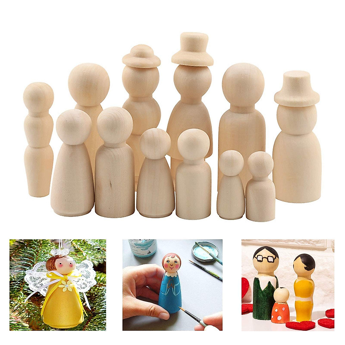 GACYSMD Wooden Peg Dolls Set 55pcs of Natural Unfinished Peg People Family, Unpainted Wooden Peg Dolls Unfinished Figures Mini peg People Wooden for Arts and Crafts
