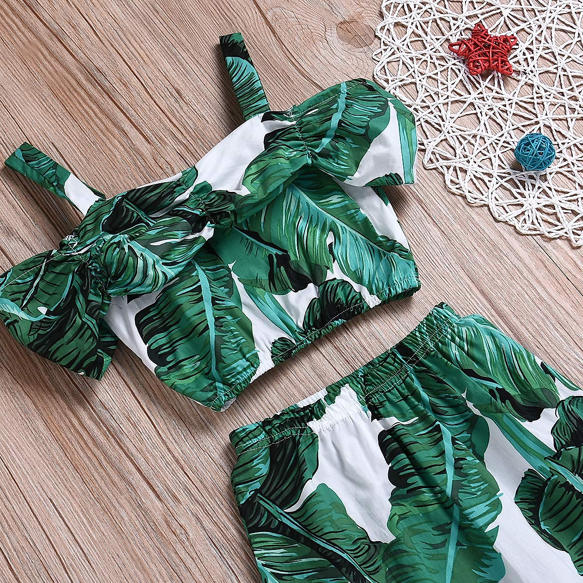 BOEBNOZCV Toddler Baby Girl Strap Banana Leaf Print Strappy Cold Shoulder Cropped Top + Long Skirts Outfits Clothes Set (Banana Leaf, 7T)