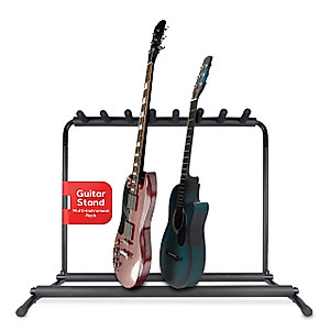 Pyle Multi-Guitar Stand 7 Slot Display Rack - Universal Framework Designed for Electric, Acoustic, Bass Guitars & Cases - Foldable, Portable, and Protective with No-Slip Non-Scratch Padding - Black
