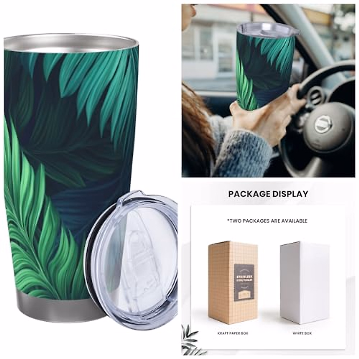 Tropical Palm Leaves Tumbler with Lid and Straw 20oz Stainless Steel Car Cup for Hot and Cold Drinks, Double Wall Insulated Travel Coffee Mug Reusable Drink Thermos Cup Birthday Gifts