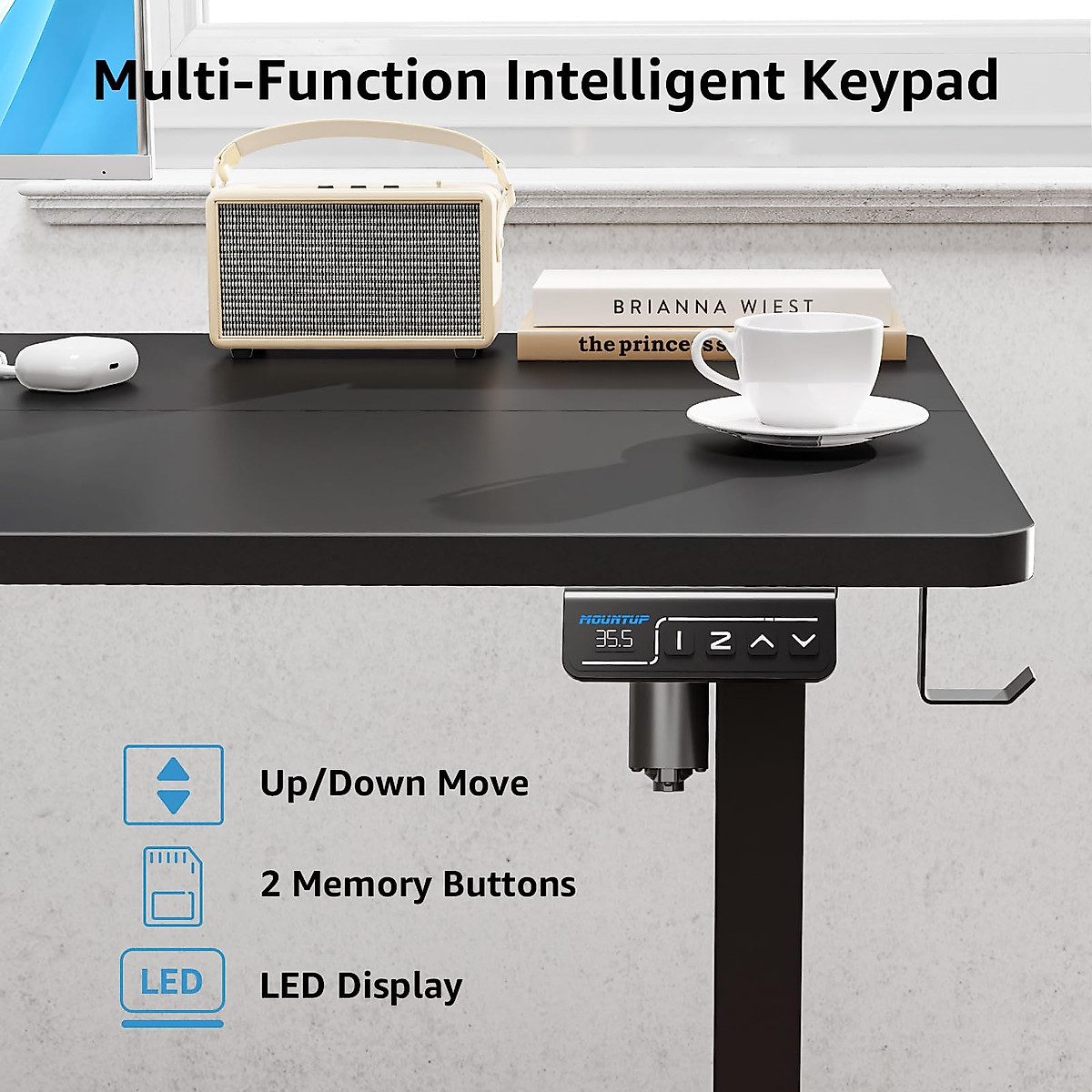 MOUNTUP Electric Height Adjustable Standing Desk, 48 x 24 Inches Sit Stand Desk with Memory Controller, Ergonomic Stand Up Desk for Home Office with Splice Board, Black