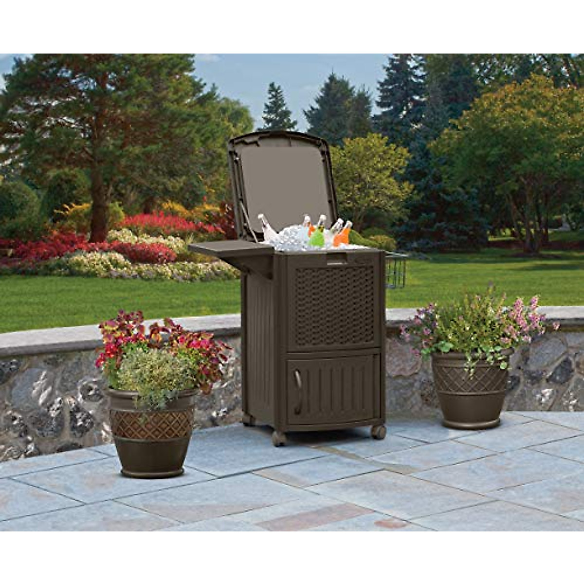 Suncast Resin 77 Quart Wicker-Look Outdoor Patio Cooler with Wheels, Dark Brown